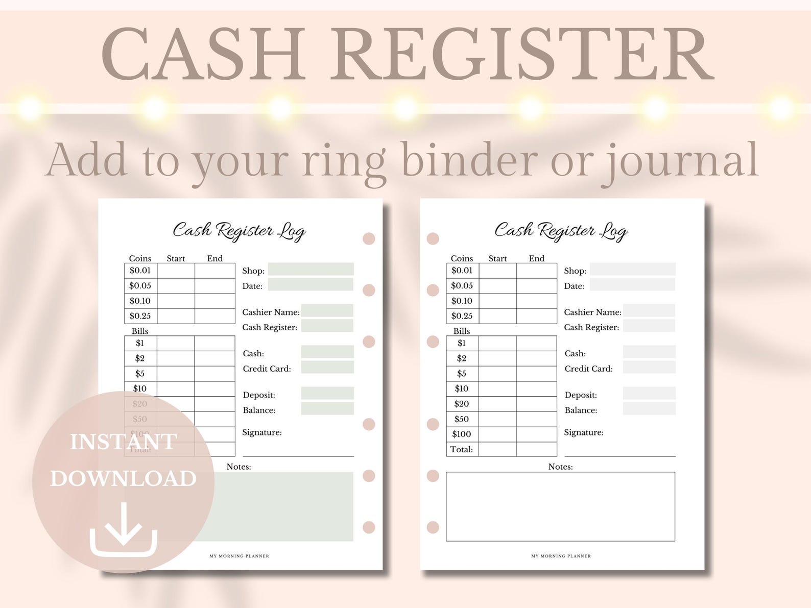 Cash Register Drawer Count Log Printable Teller Slip Shop Closing Money ...