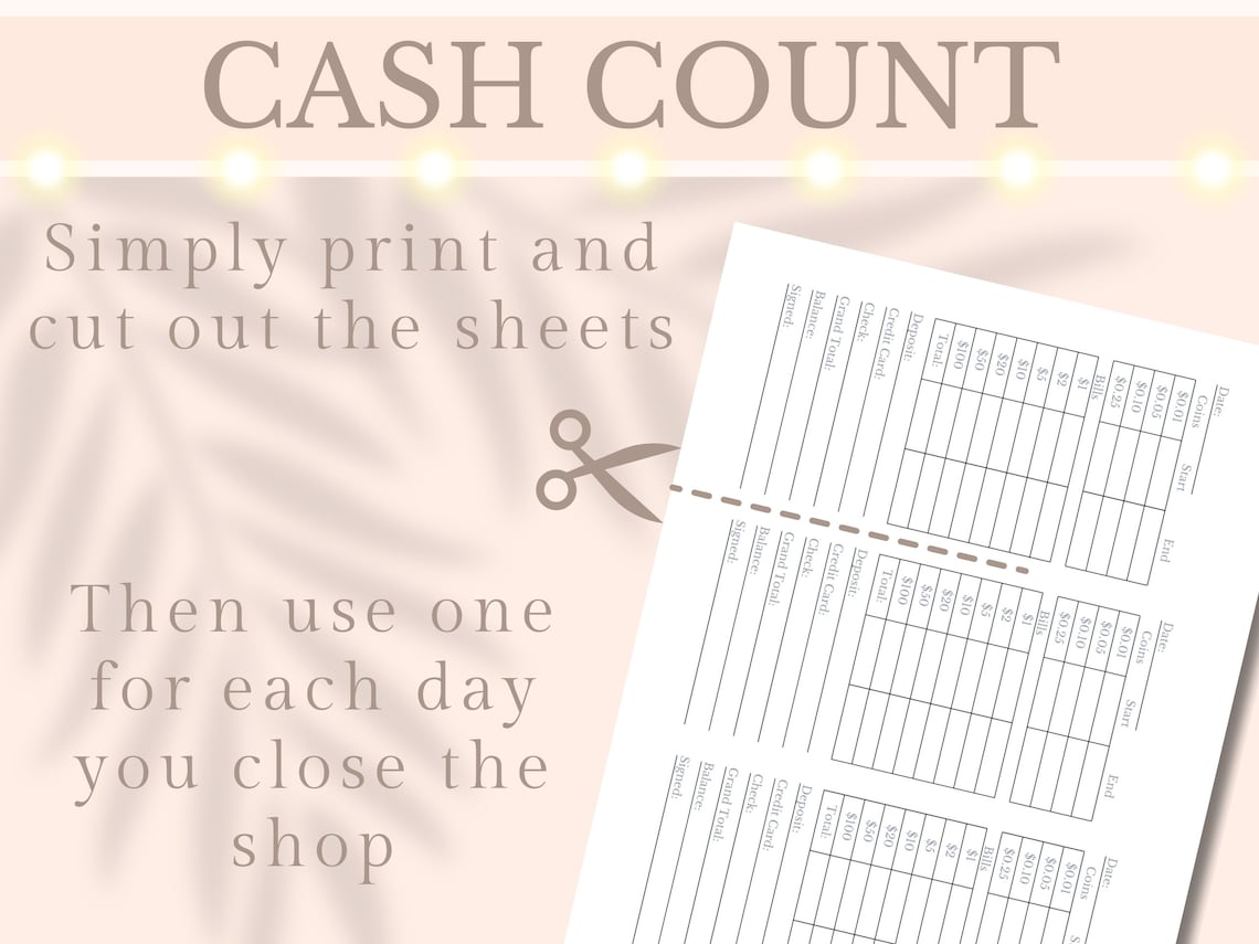 Cash Count Sheet Printable Cash Register Log Till Balance Cash ...