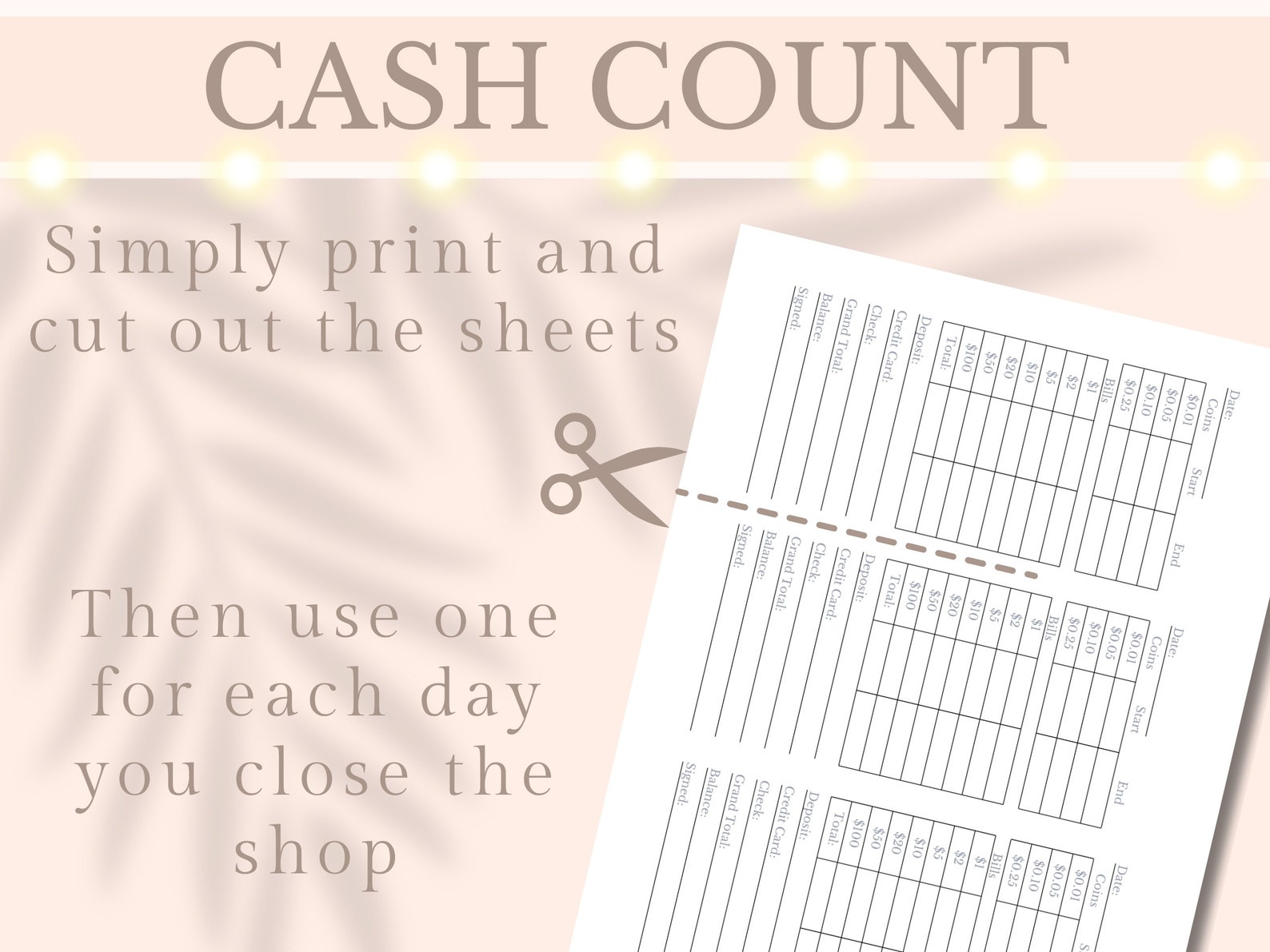 Cash Count Sheet Printable Cash Register Log Till Balance Cash ...