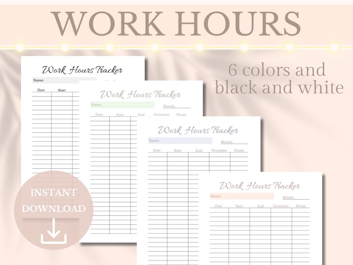 Work Hours Tracker Printable Log Monthly Employee Overtime Salary ...