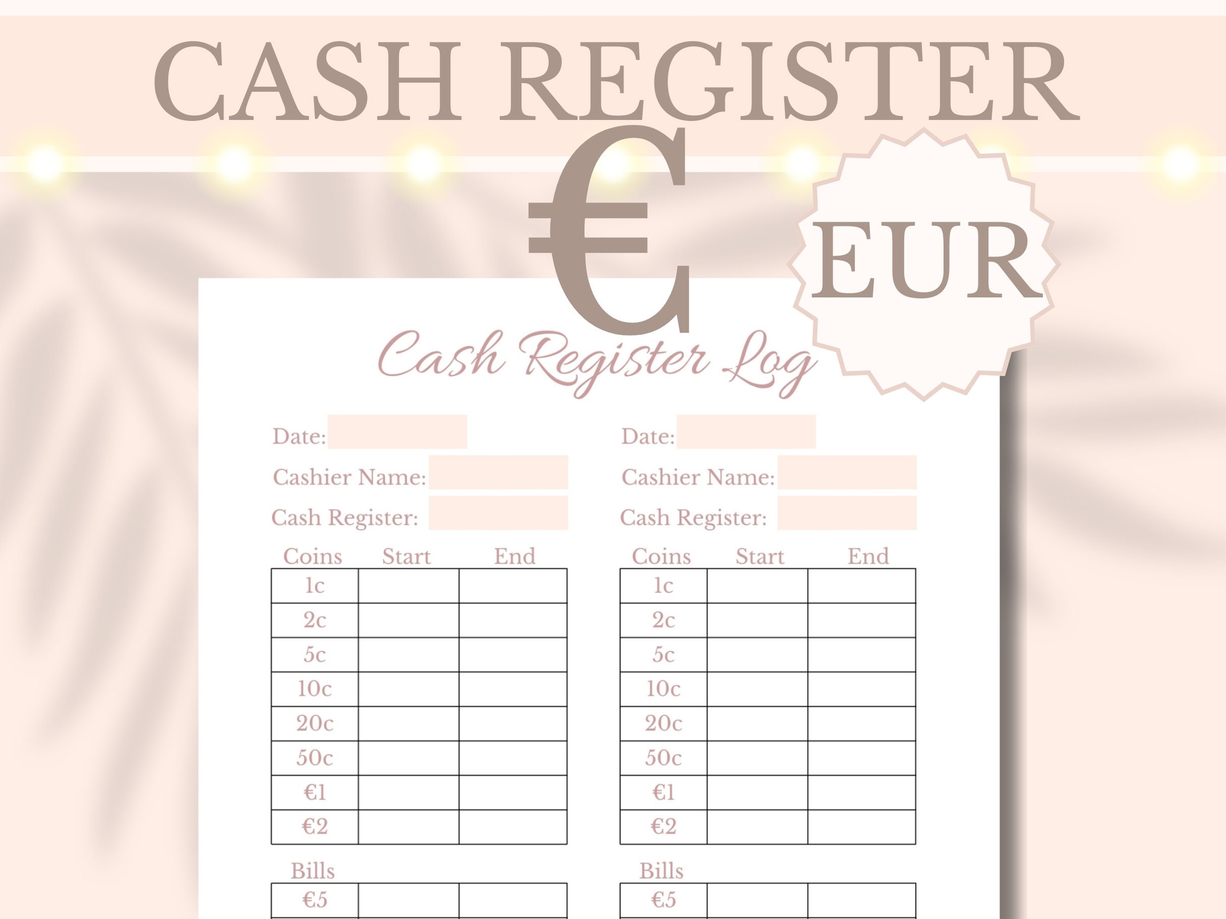EUR Cash Register Log Printable Drawer Till Balance Money Count ...
