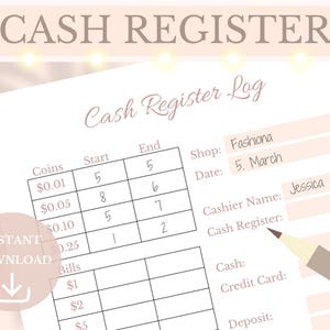 Cash Register Drawer Count Log Printable Teller Slip Shop Closing Money ...