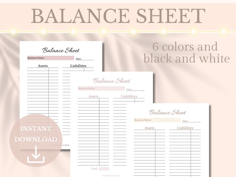 Balance Sheet Printable Planner for Small Business Bookkeeping Financial Statement Assets ...