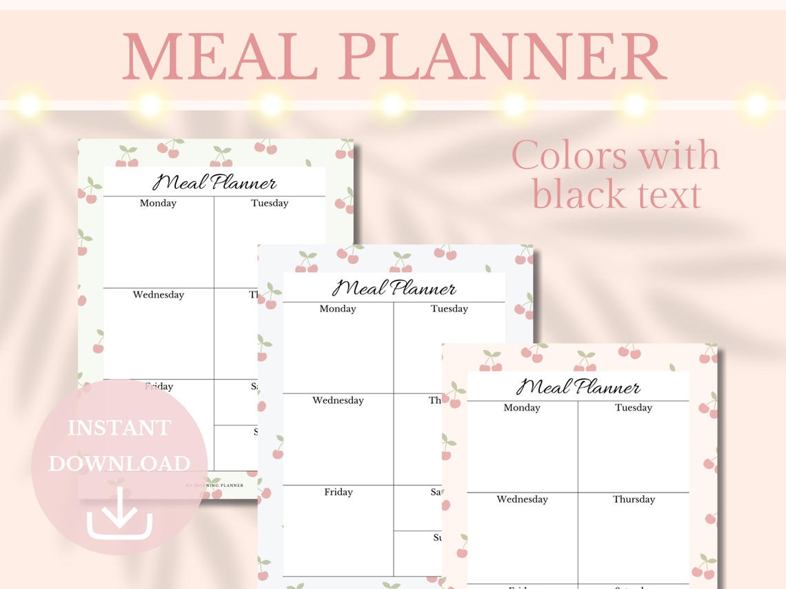Digital Weekly Meal Planner Printable Ring Binder Insert Cute Cherry ...