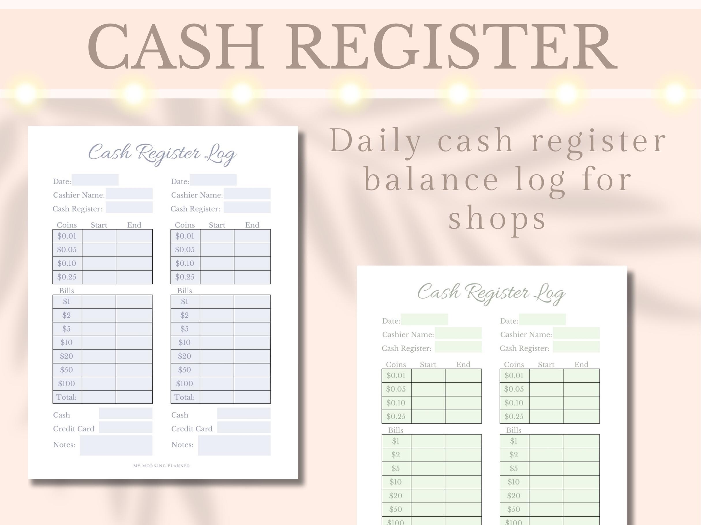 Cash Register Drawer Count Printable Cashier Shop Closing Till Balance ...