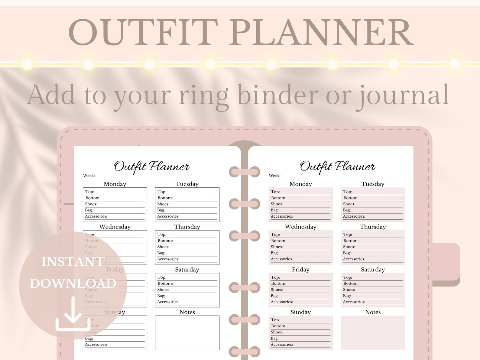 Weekly Outfit Planner Printable Template Wardrobe Styling Journal ...