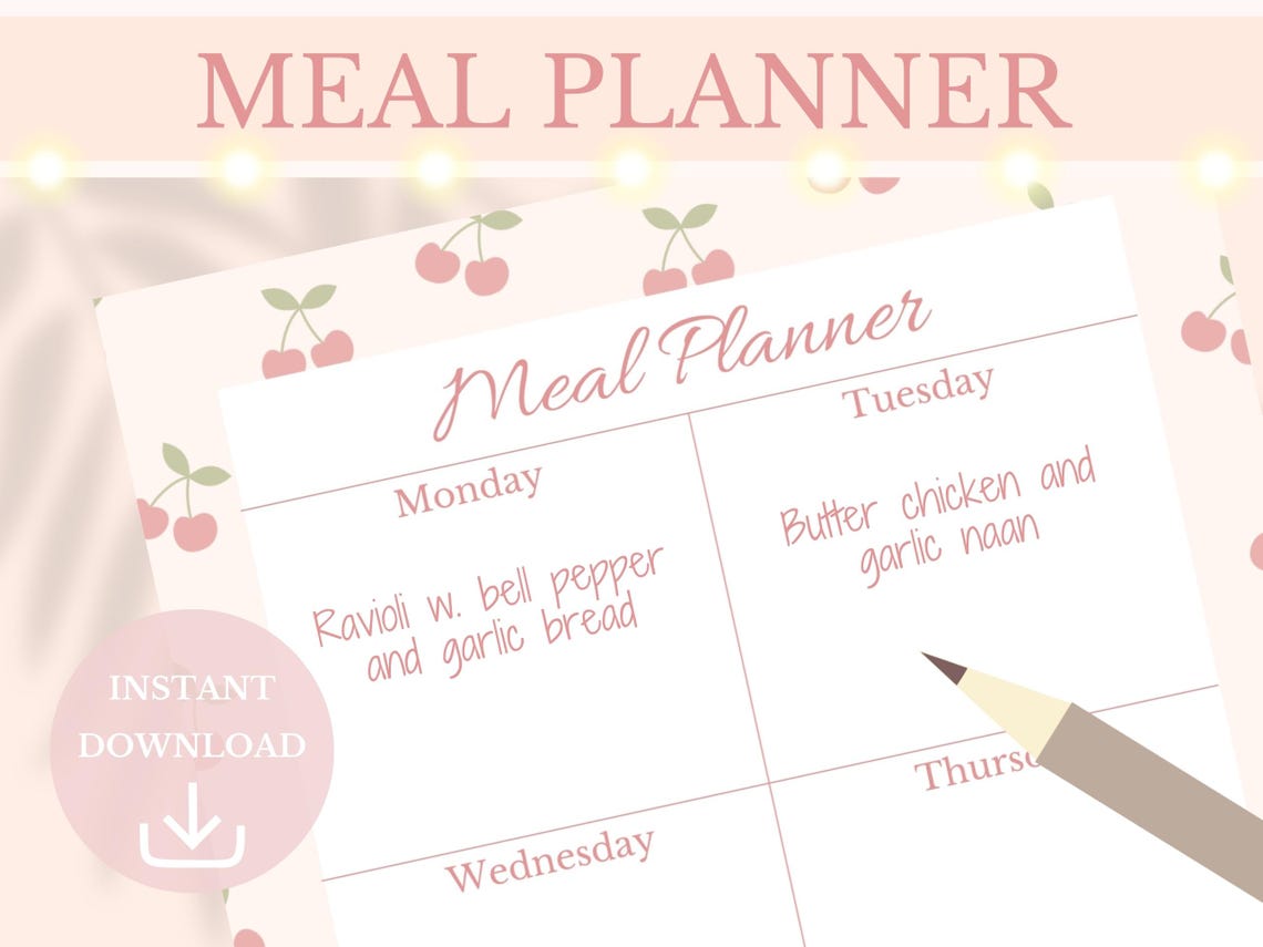 Digital Weekly Meal Planner Printable Ring Binder Insert Cute Cherry ...