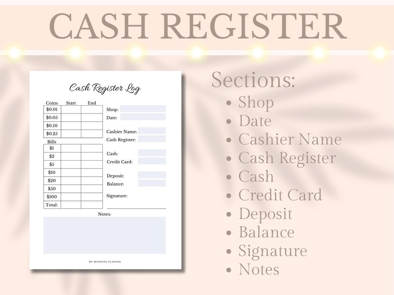 Cash Register Drawer Count Log Printable Teller Slip Shop Closing Money ...