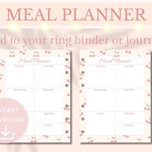 Digital Weekly Meal Planner Printable Ring Binder Insert Cute Cherry ...