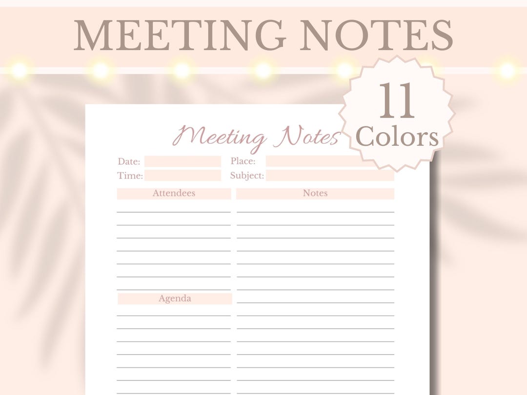 Meeting Notes Planner Printable Meeting Minutes Note Taking Log Work ...