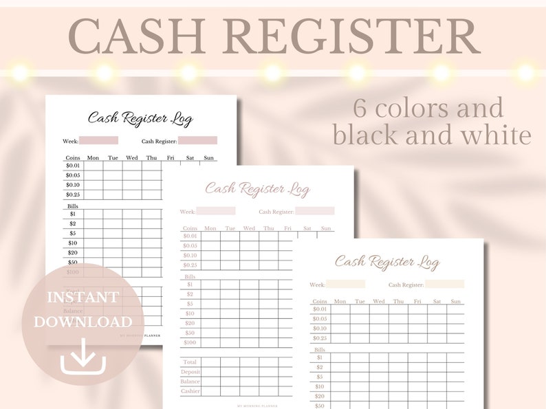Cash Register Weekly Log Printable Drawer Till Balance Shop Closing ...