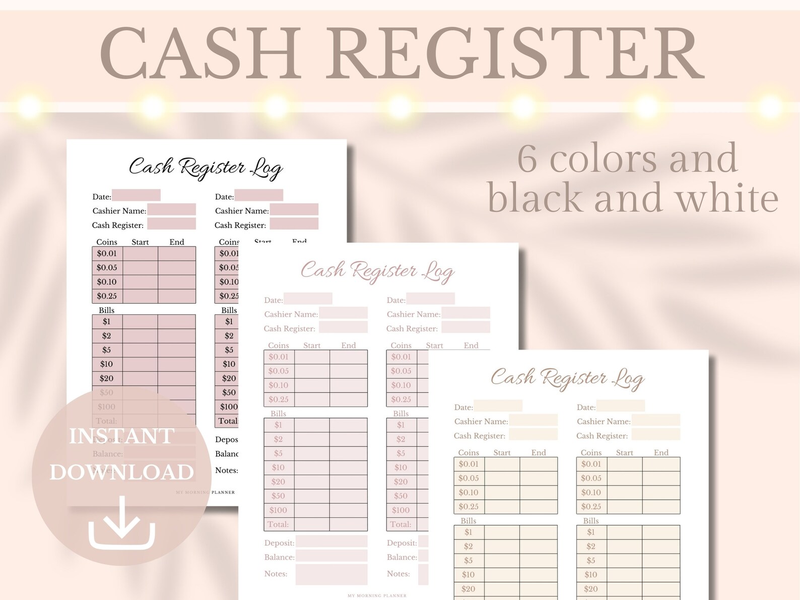 Cash Register Log Printable Cashier Shop Closing Drawer Till Balance ...