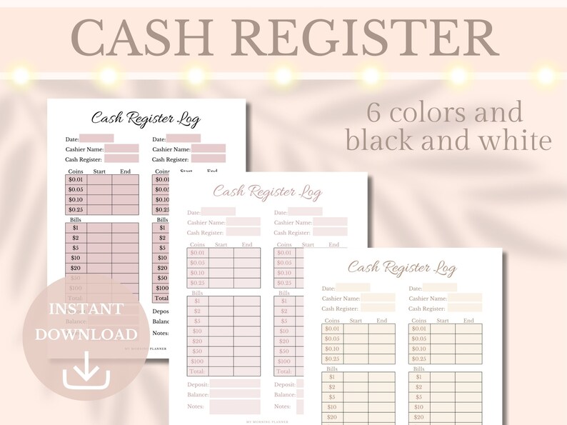 Cash Register Log Printable Cashier Shop Closing Drawer Till Balance ...