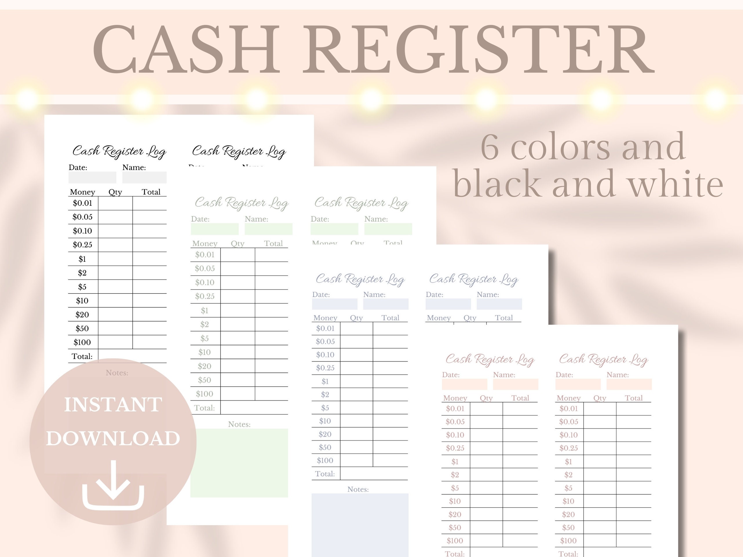 Cash Register Balance Log Printable Drawer Till Count Money Calculator ...
