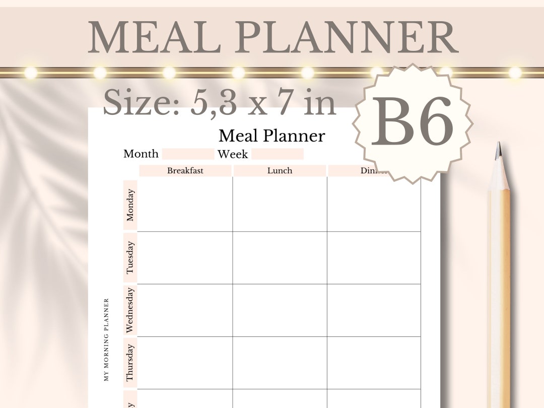 Meal Planner B6 Printable Ring Binder Insert, Minimalist Weekly Diet ...
