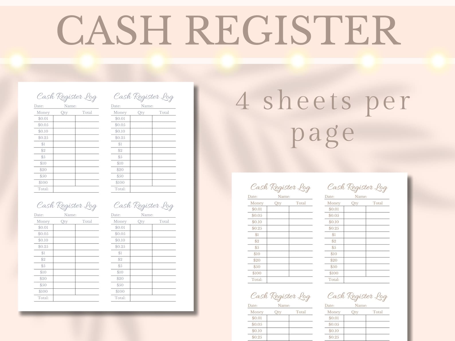 Cash Breakdown Teller Slip Printable Cash Register Till Balance Tracker ...