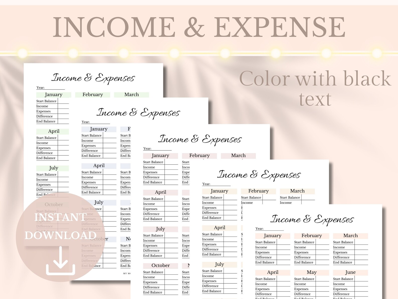 Yearly Income & Expense Tracker Printable Financial Planner, Pink Money ...