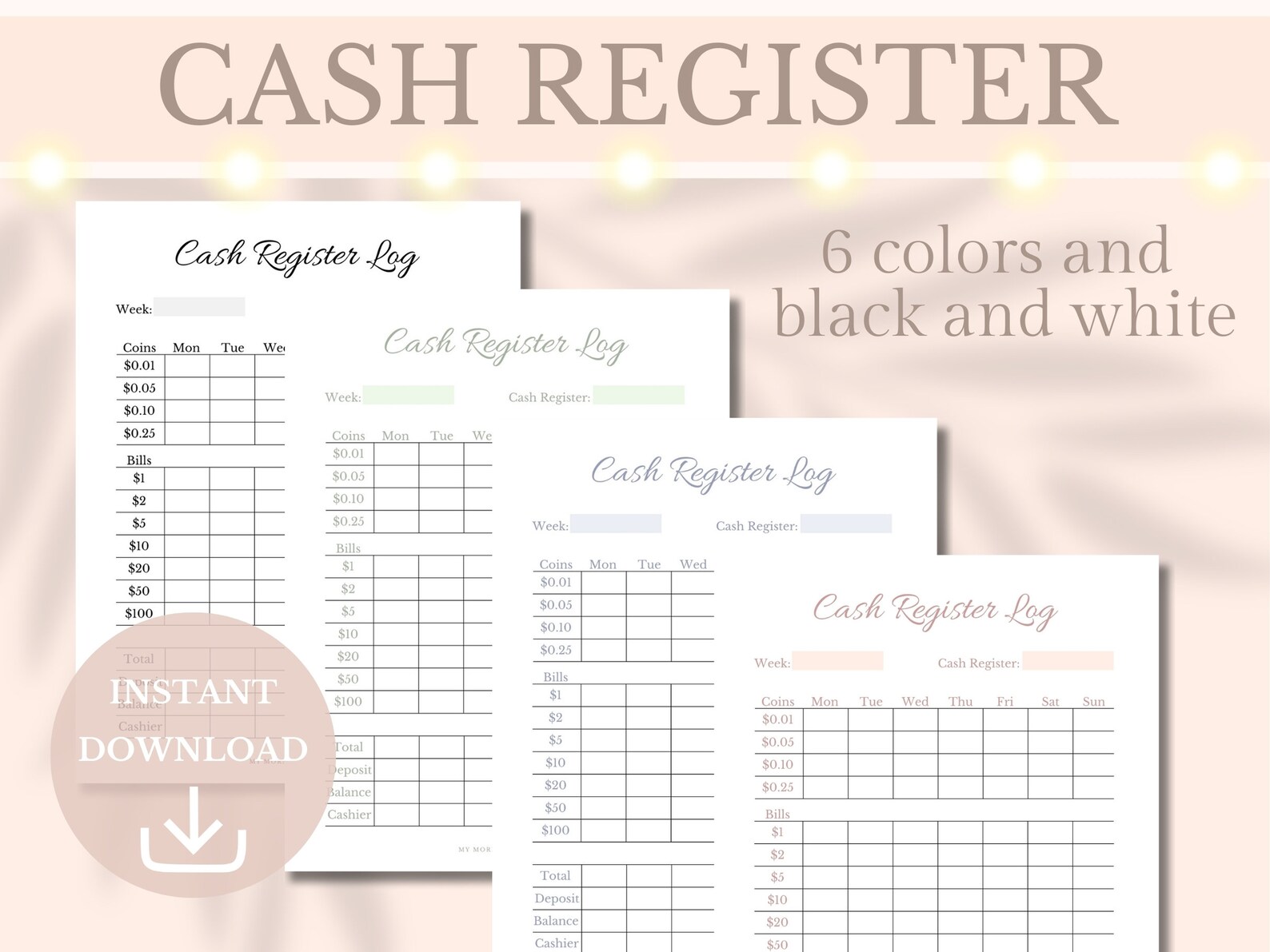 Cash Register Weekly Log Printable Drawer Till Balance Shop Closing ...