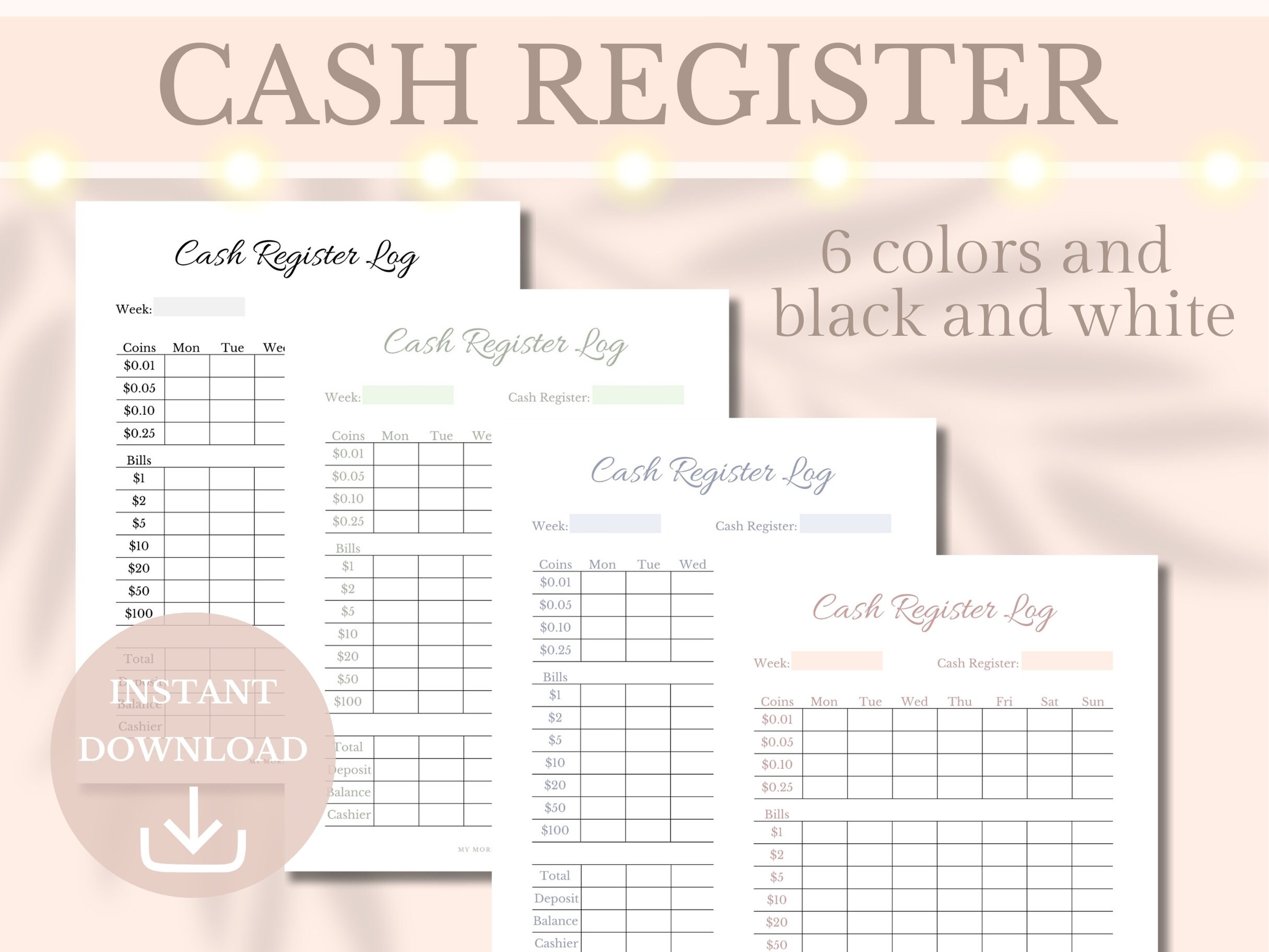 Cash Register Weekly Log Printable Drawer Till Balance Shop Closing ...