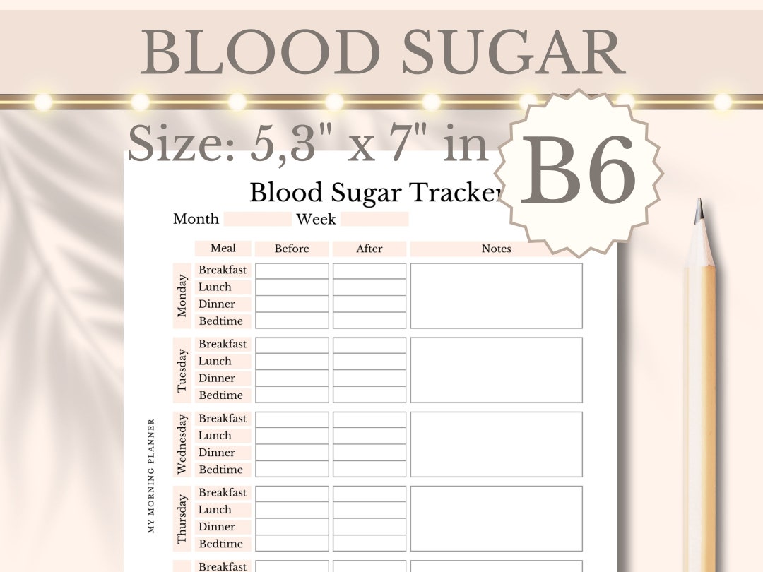 Blood Sugar Tracker B6 Printable Ring Binder Insert, Weekly Diabetes ...