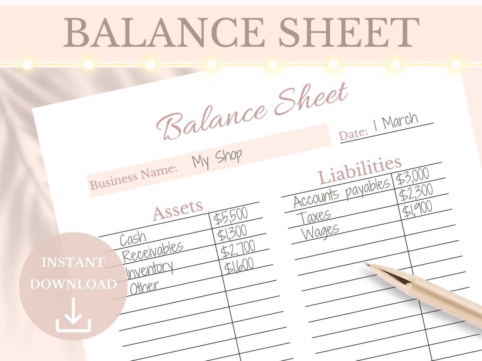 Balance Sheet Printable Planner for Small Business Bookkeeping ...