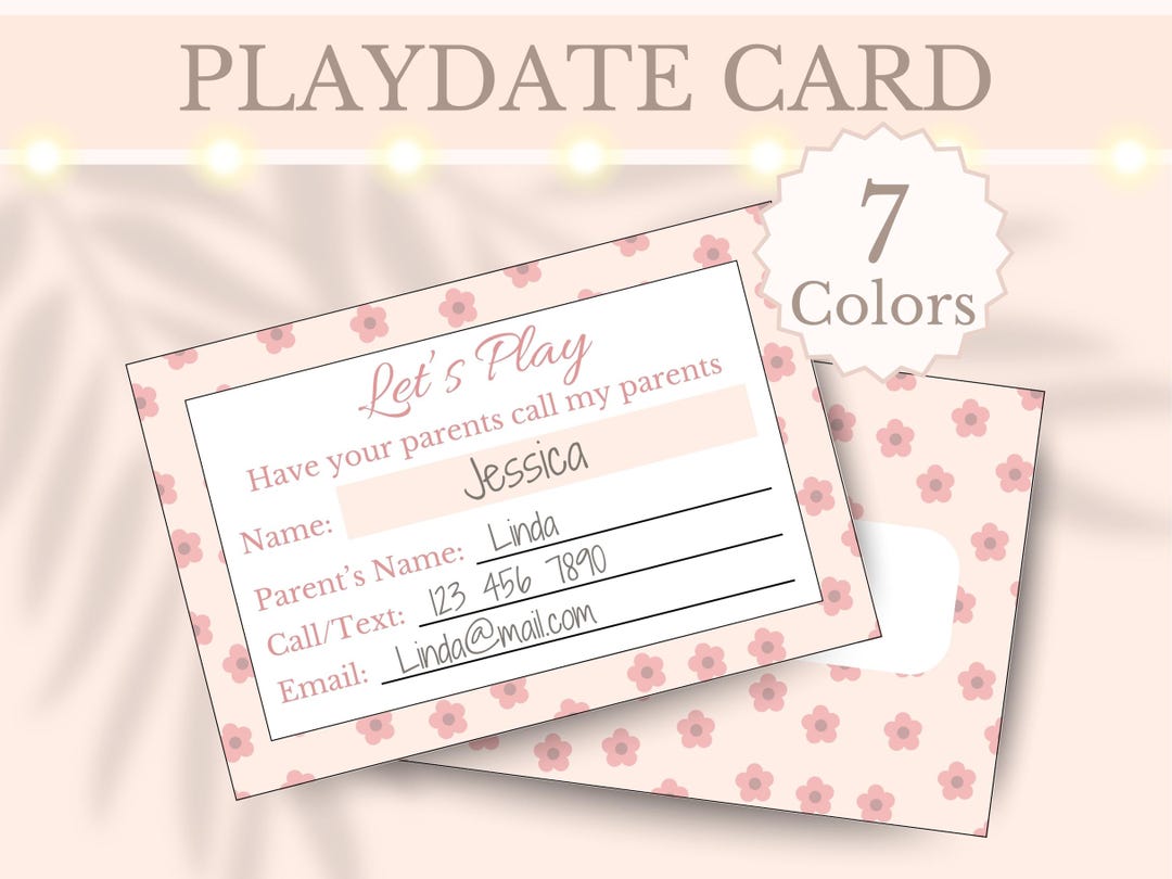 Pink Flower Playdate Card Printable Kids Calling Card for Girls Mom ...