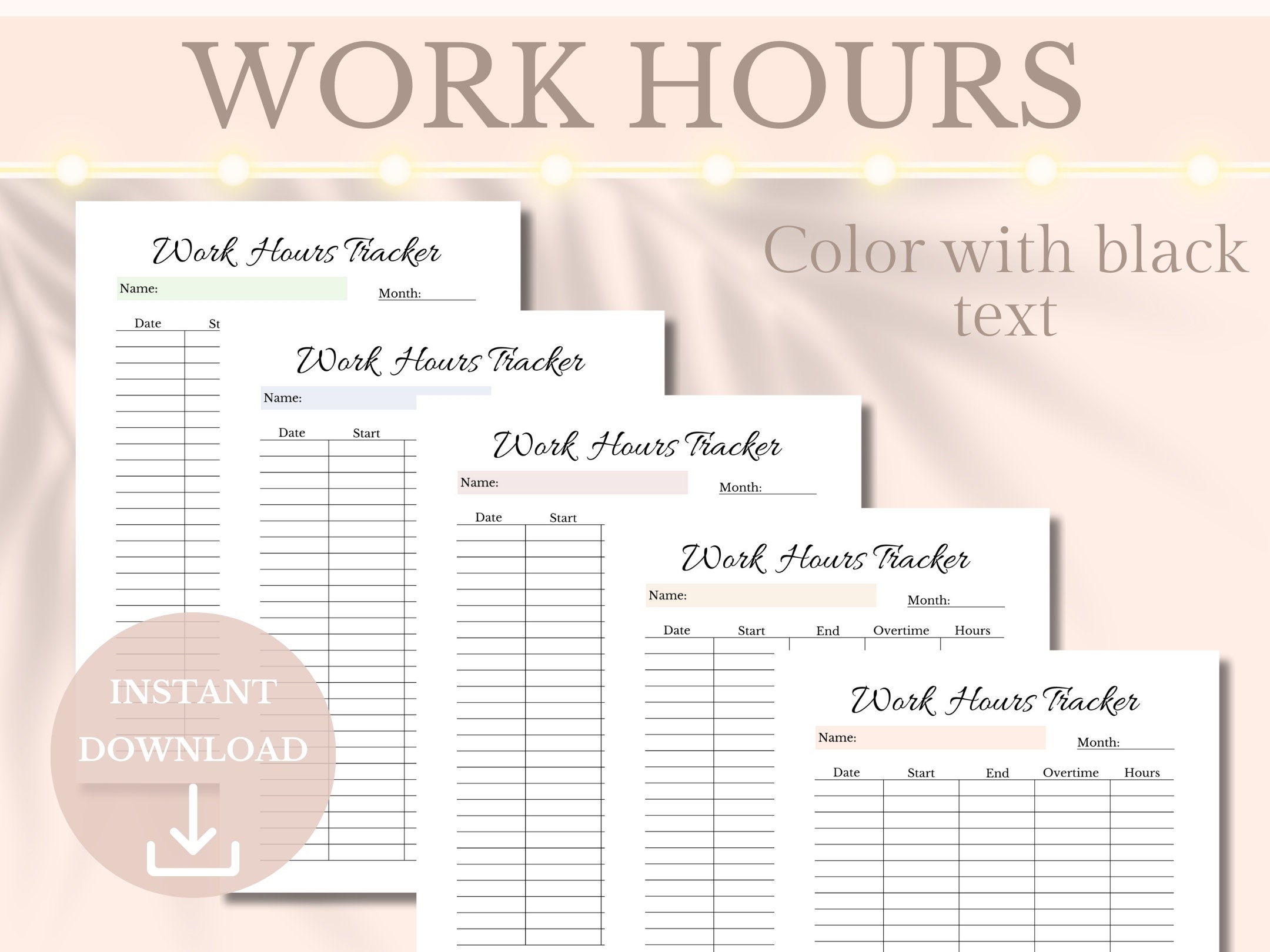Work Hours Tracker Printable Log Monthly Employee Overtime Salary ...