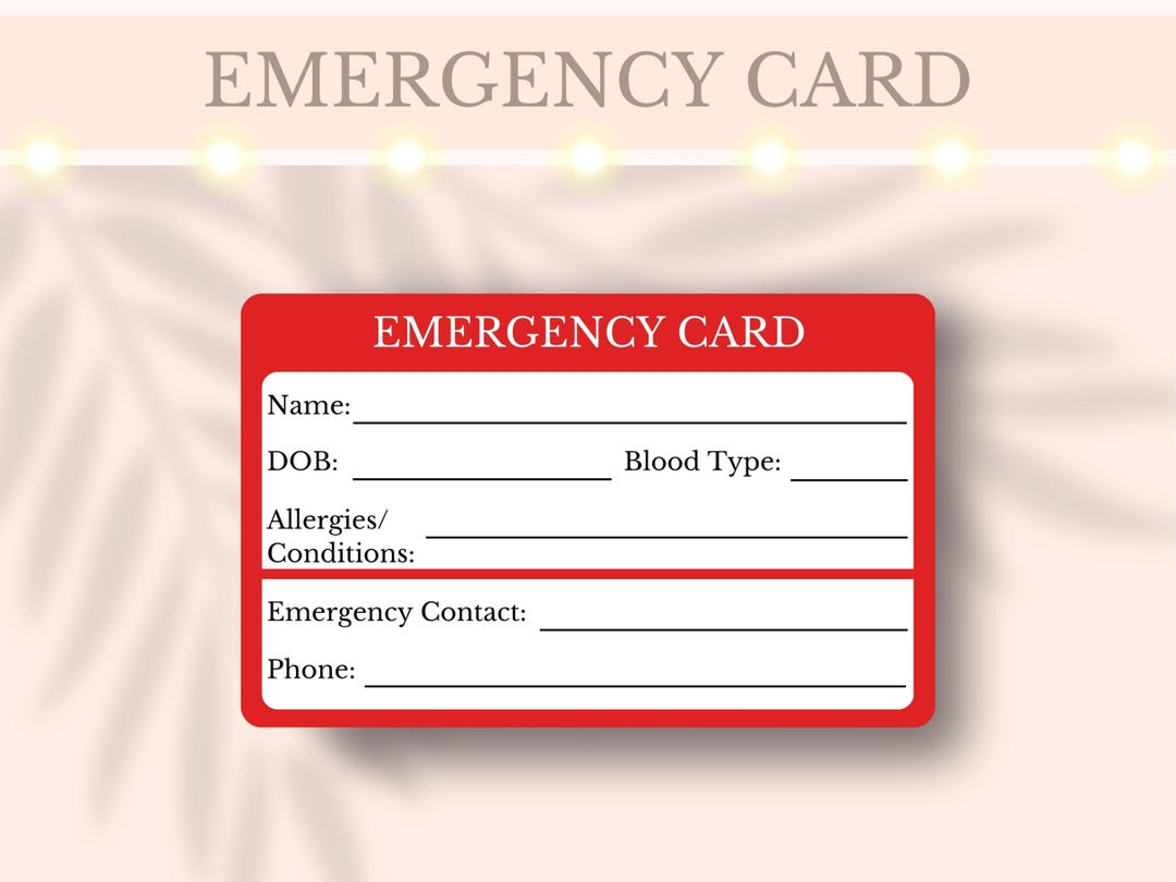 Emergency Information Card Printable Case of Emergency Personal ...