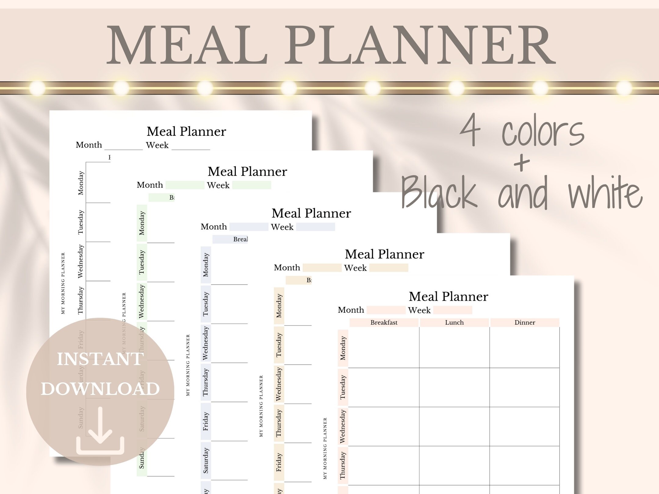 Meal Planner B6 Printable Ring Binder Insert, Minimalist Weekly Diet ...