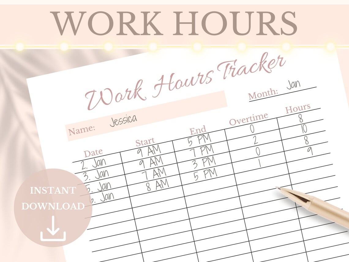 Work Hours Tracker Printable Log Monthly Employee Overtime Salary ...