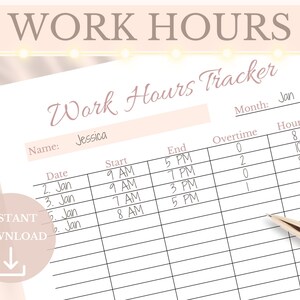 Work Hours Tracker Printable Log Monthly Employee Overtime Salary ...
