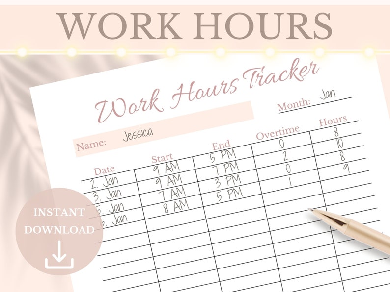Work Hours Tracker Printable Log Monthly Employee Overtime Salary ...