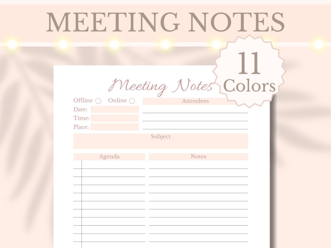 Meeting Notes Planner Printable Work Meeting Minutes Notes Sheet Agenda ...
