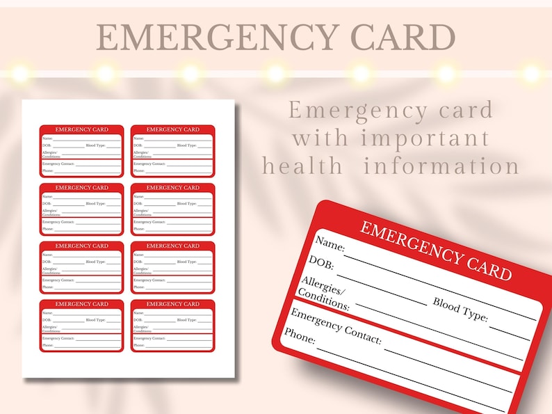 Emergency Information Card Printable Case of Emergency Personal ...