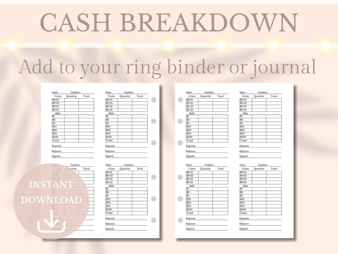 Cash Breakdown Printable Drawer Count Sheet Small Business Planner Cash ...
