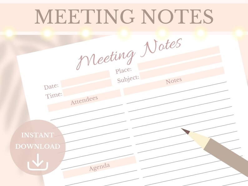 Meeting Notes Planner Printable Meeting Minutes Note Taking Log Work ...