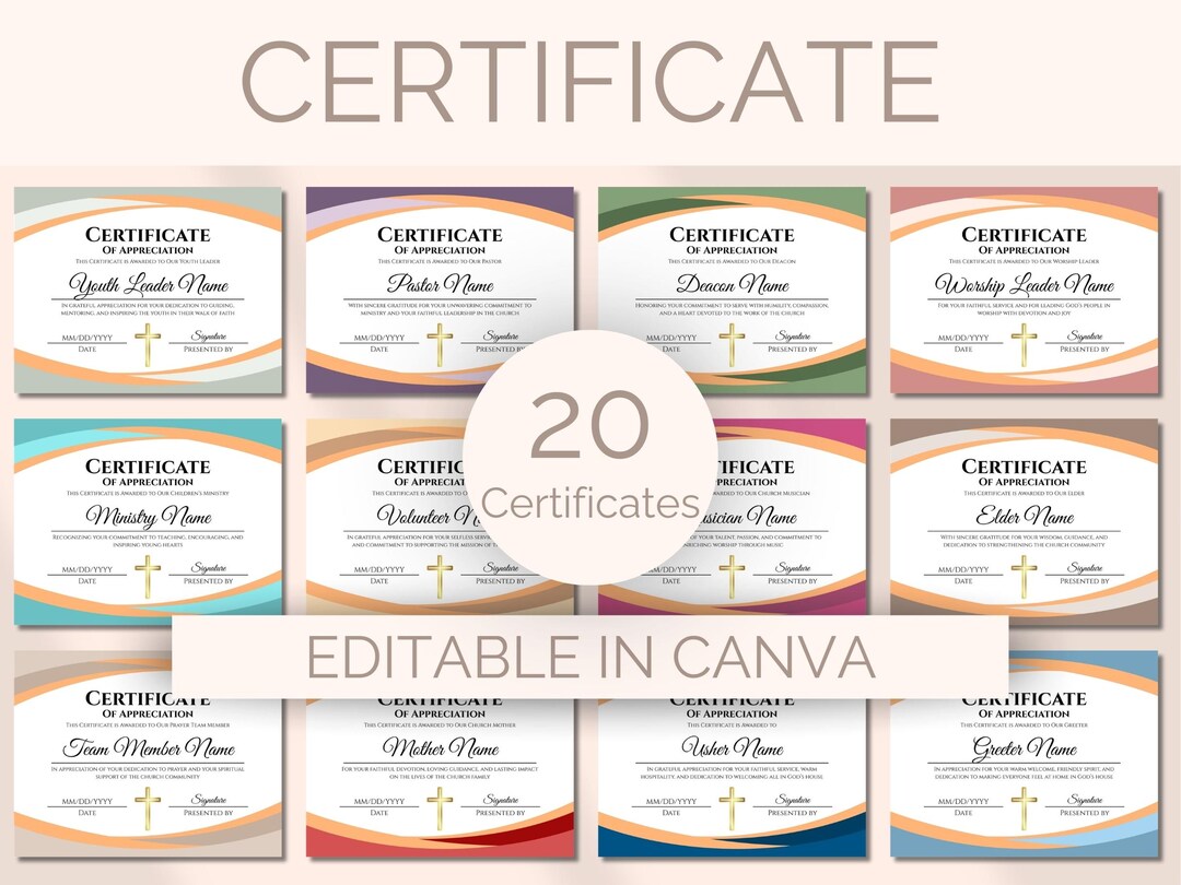 20 EDITABLE Church Certificate of Appreciation Template Bundle Church ...