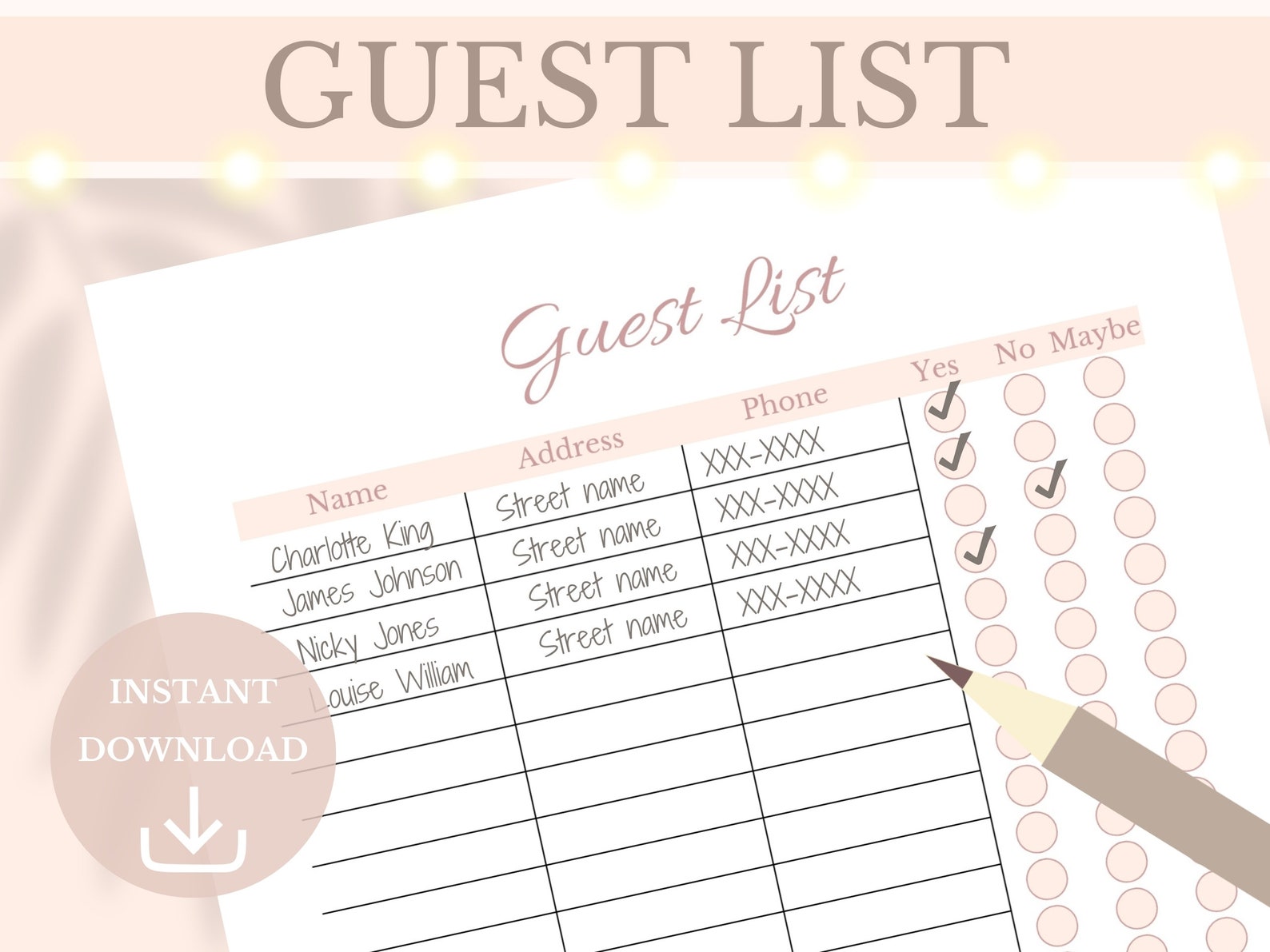 Wedding Guest List Printable RSVP Tracker Pink Event Planner Attendee ...