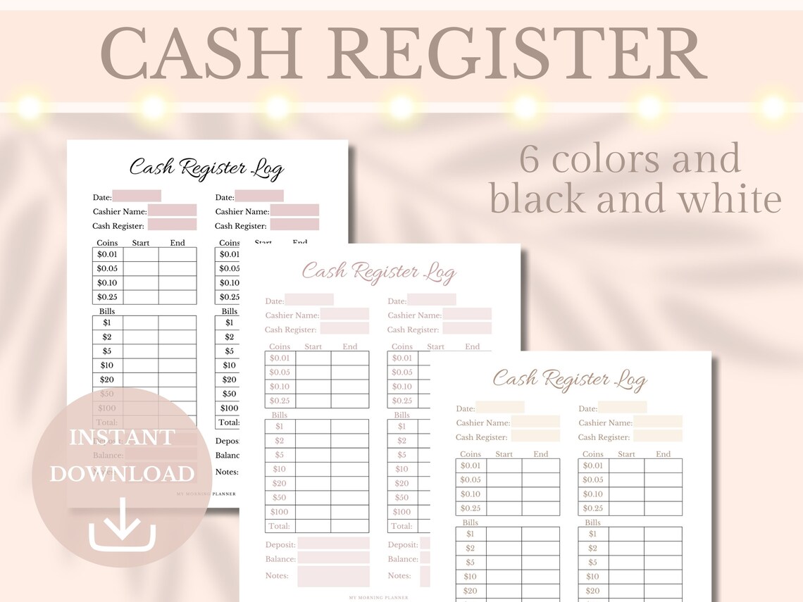 Cash Register Log Printable Drawer Till Balance Money Count Calculator ...