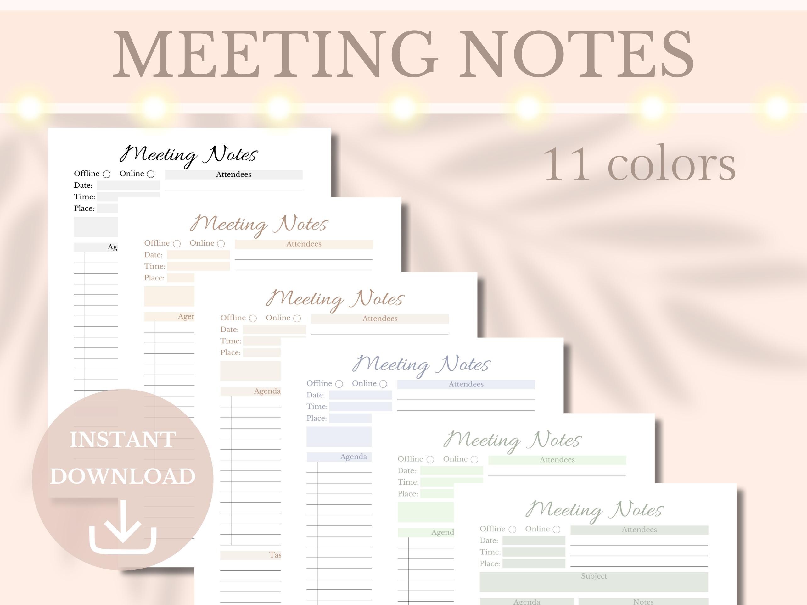 Meeting Notes Planner Printable Work Meeting Minutes Notes Sheet Agenda ...