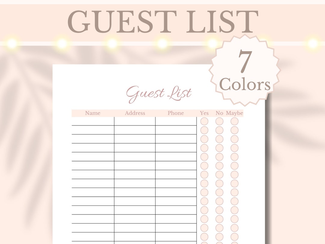 Wedding Guest List Printable RSVP Tracker Pink Event Planner Attendee ...