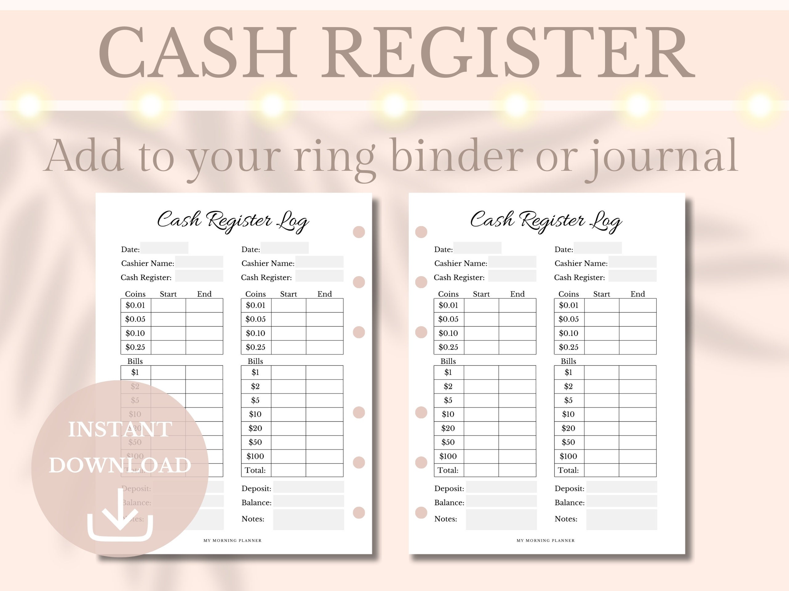 Cash Register Log Printable Drawer Till Balance Money Count Calculator ...