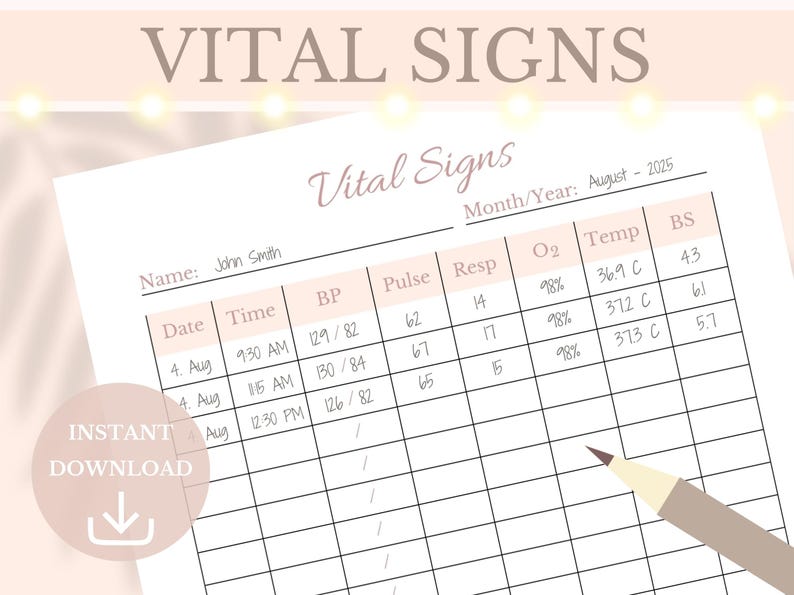 Vital Signs Log Printable Vital Signs Tracker Nurse Chart Home ...