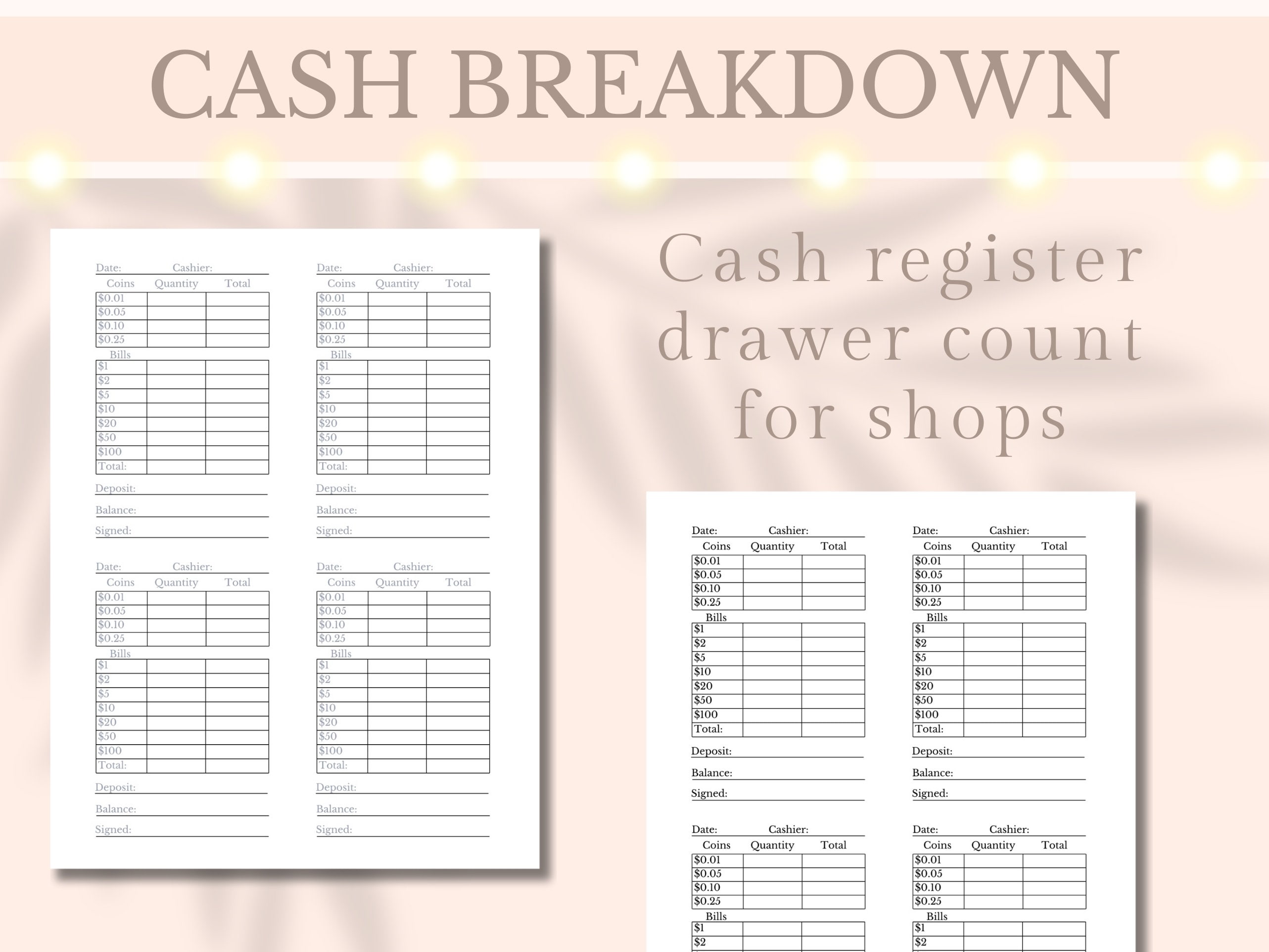 Cash Breakdown Printable Drawer Count Sheet Small Business Planner Cash ...