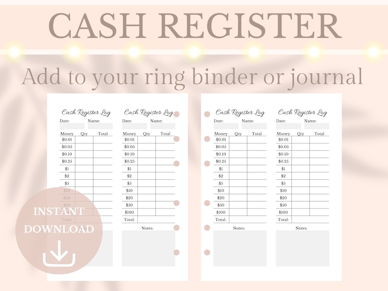 Cash Register Balance Log Printable Drawer Till Count Money Calculator ...