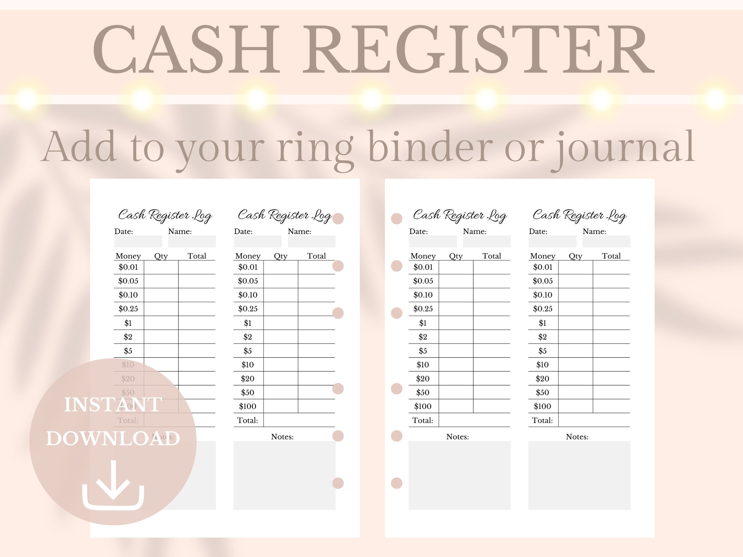 Cash Register Balance Log Printable Drawer Till Count Money Calculator ...