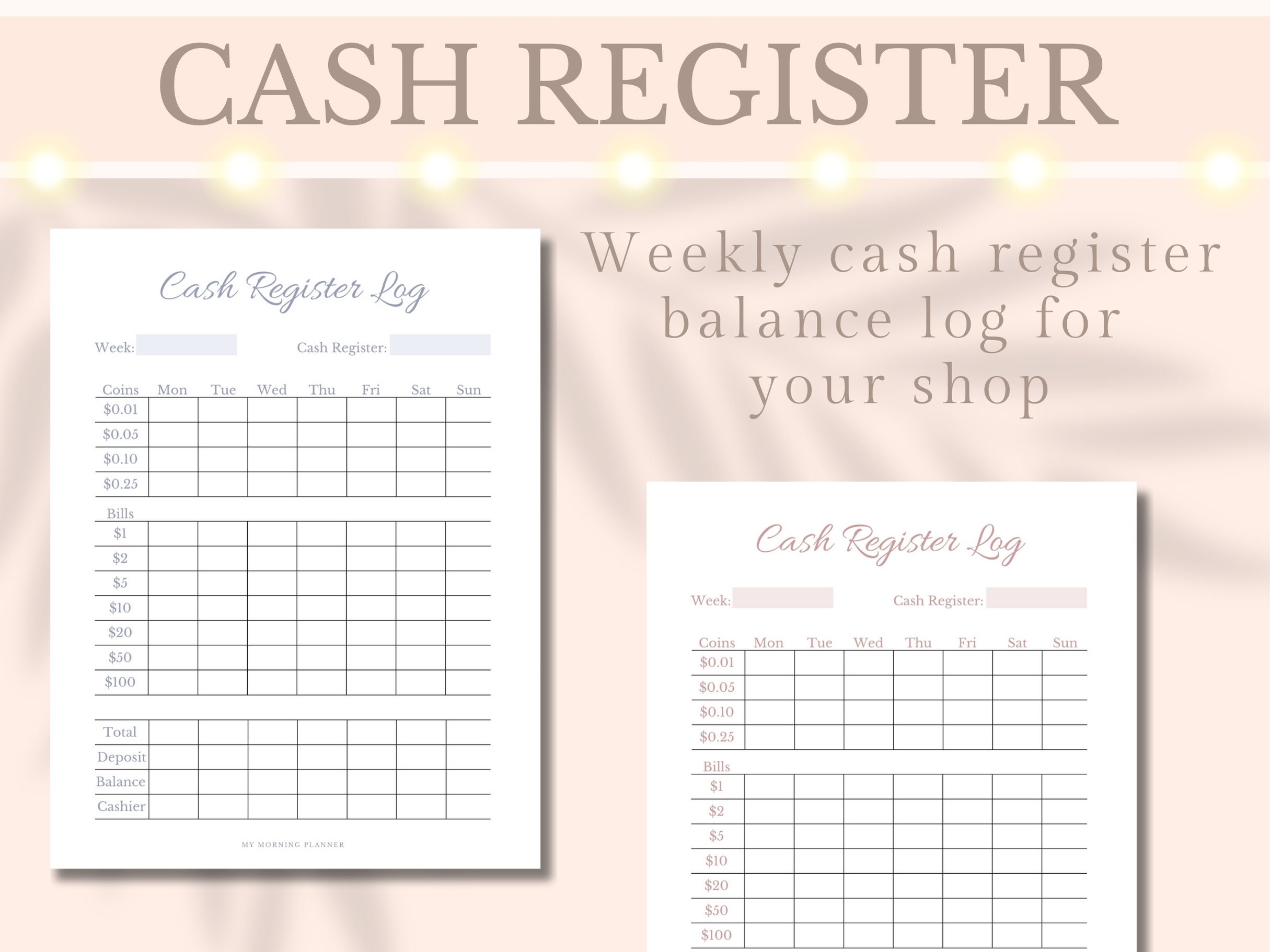 Cash Register Weekly Log Printable Drawer Till Balance Shop Closing ...
