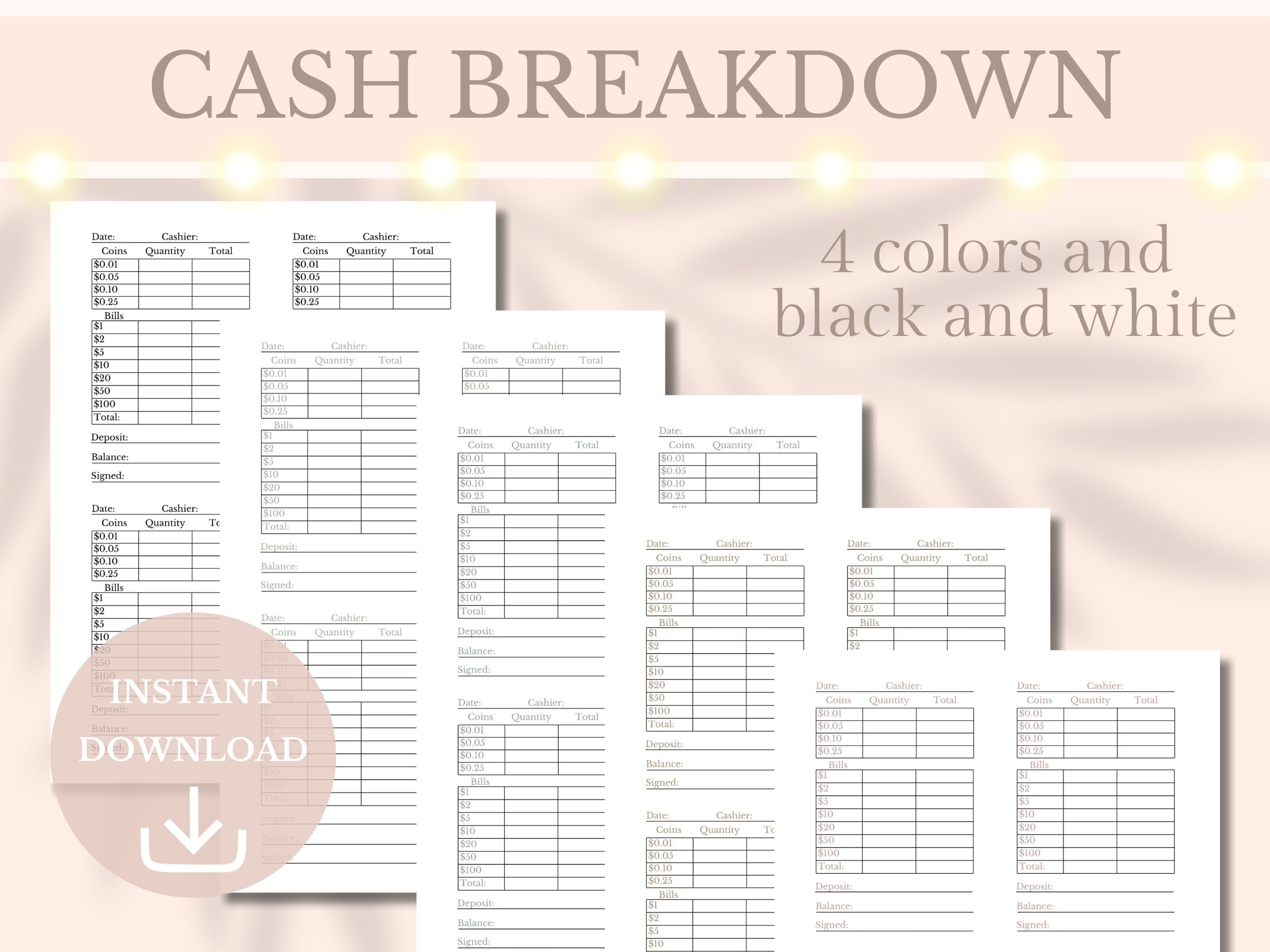 Cash Breakdown Printable Drawer Count Sheet Small Business Planner Cash ...