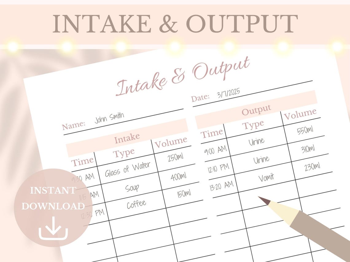 Fluid Intake and Output Tracker Printable Fluid Balance Chart Medical ...
