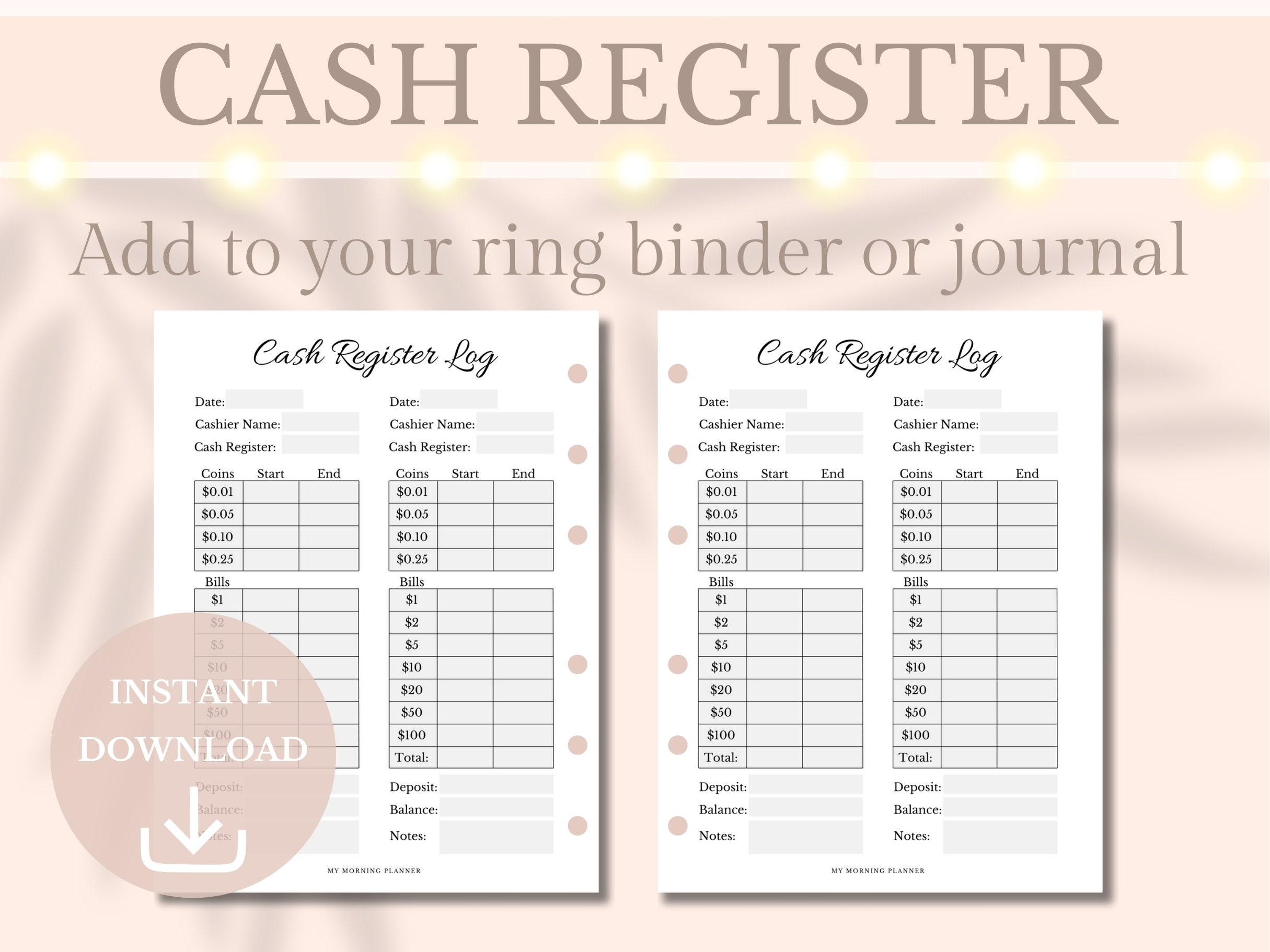 Cash Register Log Printable Cashier Shop Closing Drawer Till Balance ...